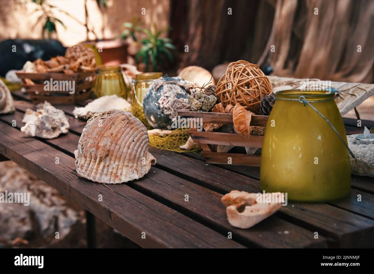 Wooden table in backyard decorated with shells and fishing equipment ...