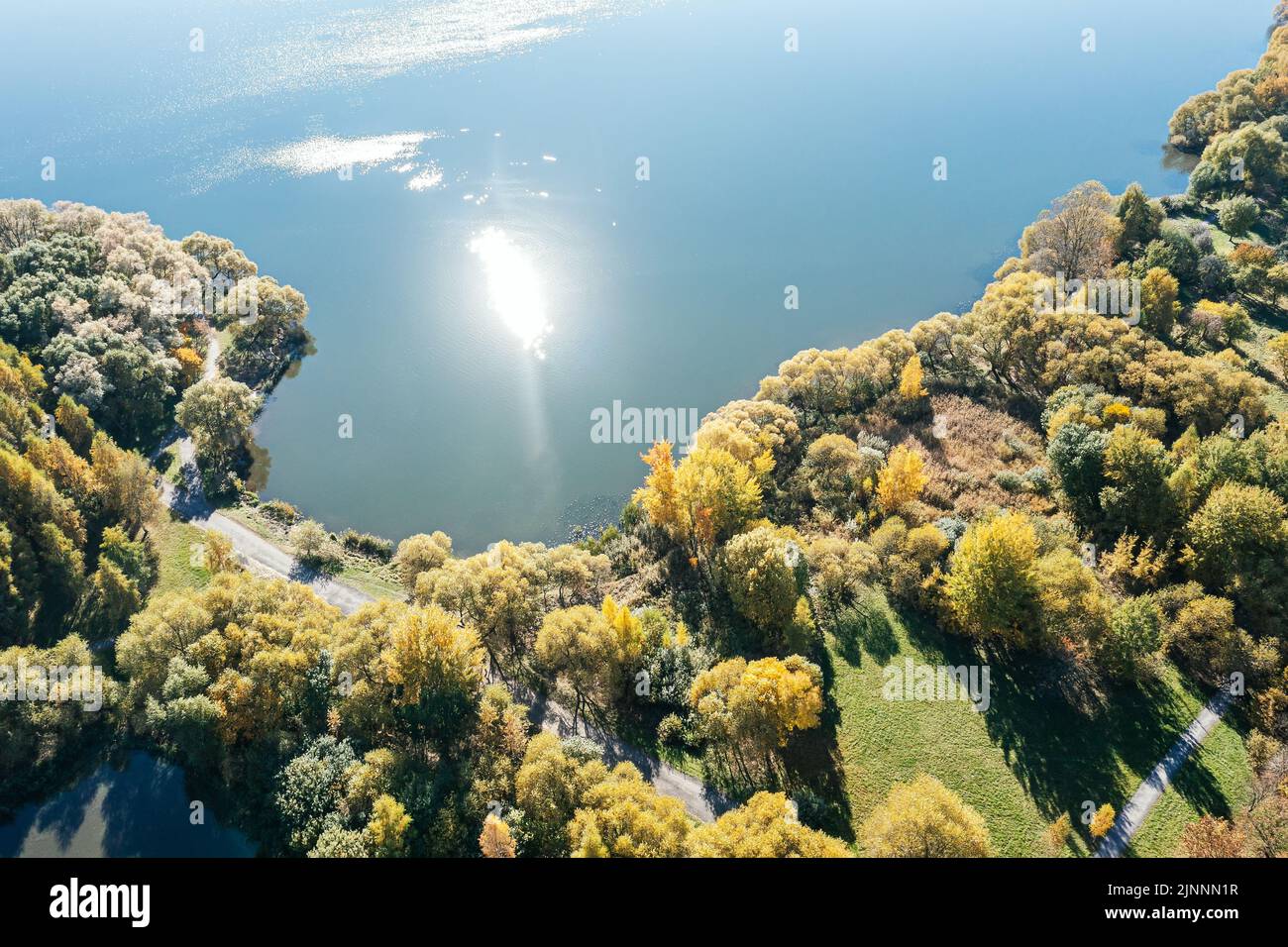 colorful trees around the lake in autumn. sunlight reflecting in ...