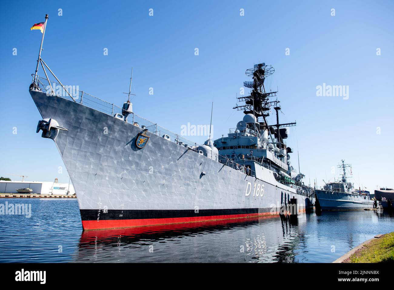 Wilhelmshaven, Germany. 12th Aug, 2022. The former destroyer "Mölders" (D186) is moored in a ...
