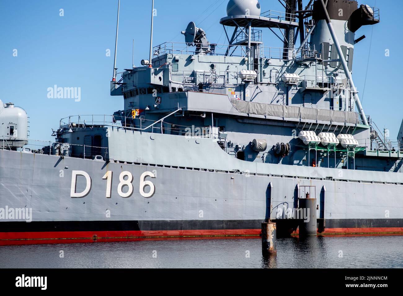 Wilhelmshaven, Germany. 12th Aug, 2022. The former destroyer "Mölders" (D186) is moored in a ...