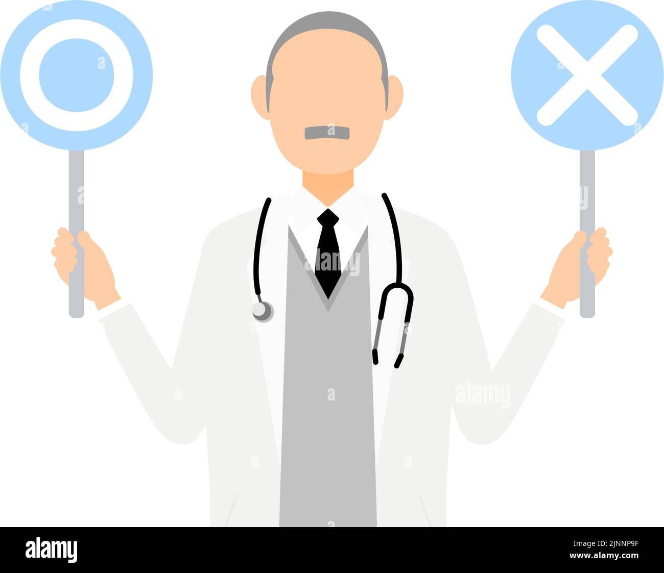 Senior male doctor in white coat holding a crossed-out stick in a pose ...