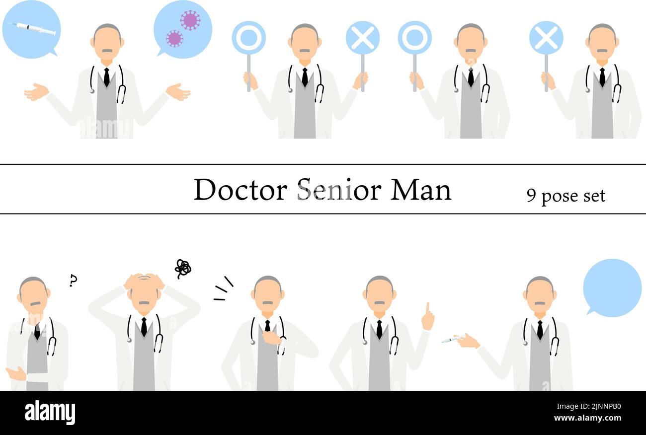 Pose set of senior male doctor in white coat, questioning, puzzling ...