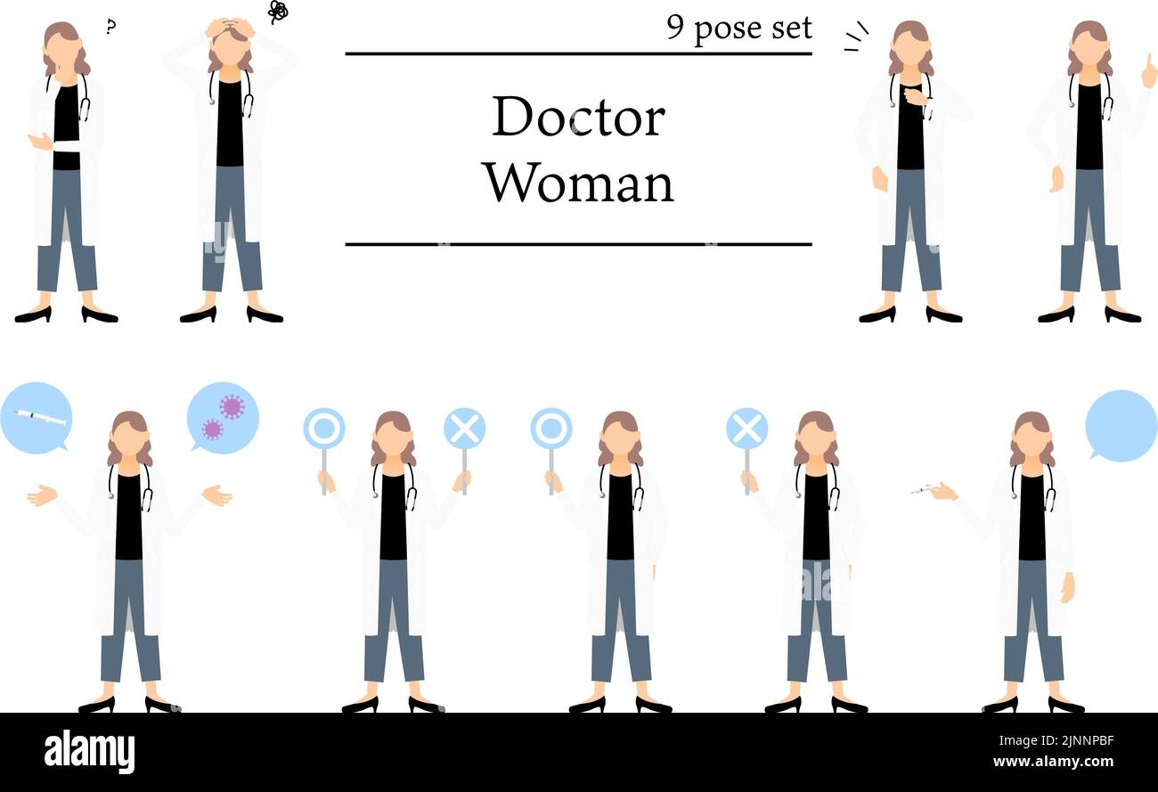 Pose set of female doctor in white coat, questioning, puzzling ...