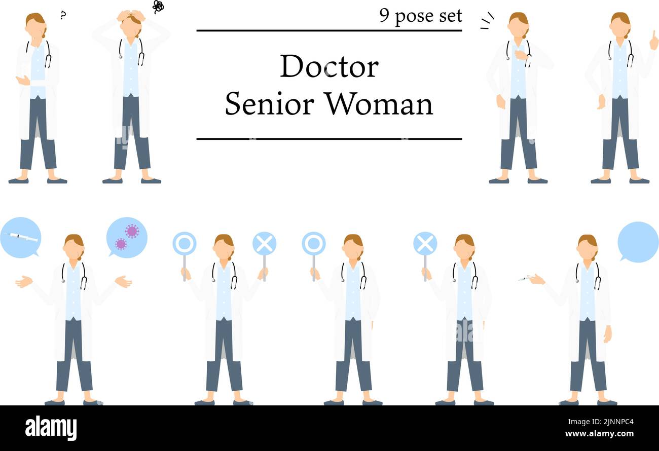 Senior female doctor in white coat pose set, questioning, puzzling ...