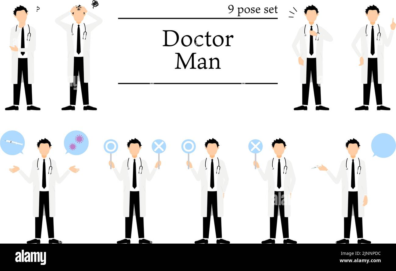 Pose set of a male doctor in a white coat, questioning, puzzling ...
