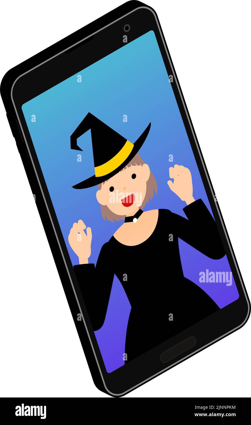 Girl dressed up as a witch having an online Halloween party on her ...