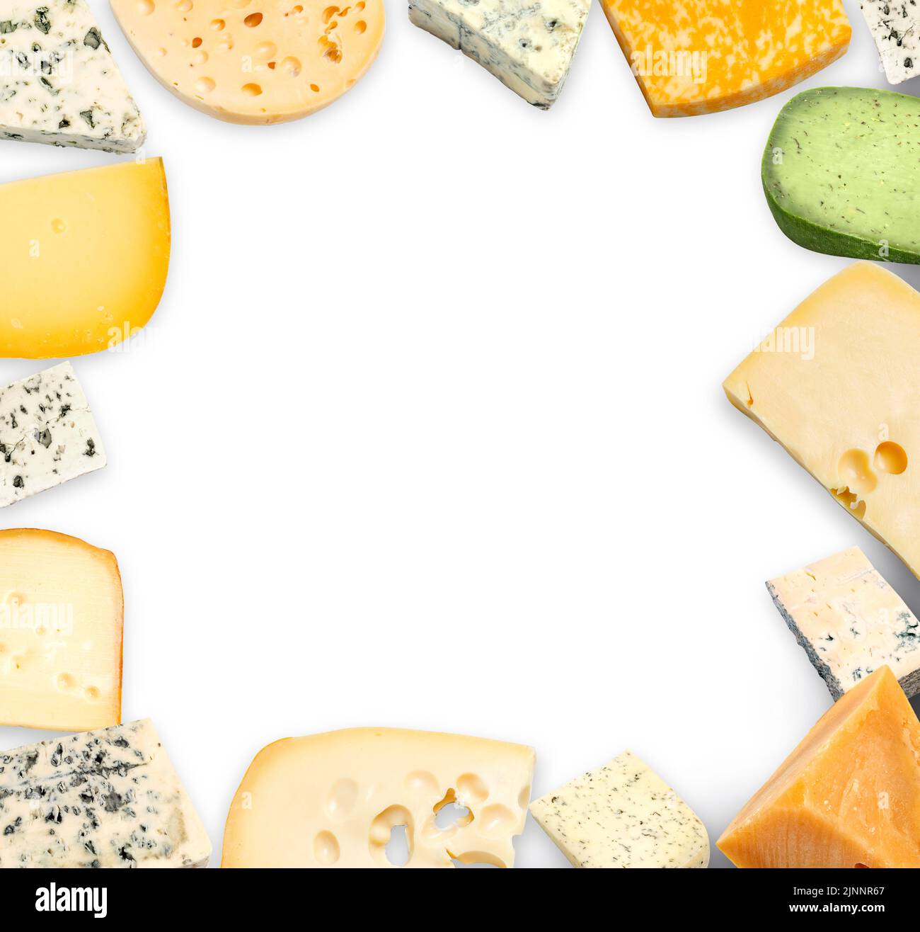 Various types of cheese on a white background. View from above. Space ...