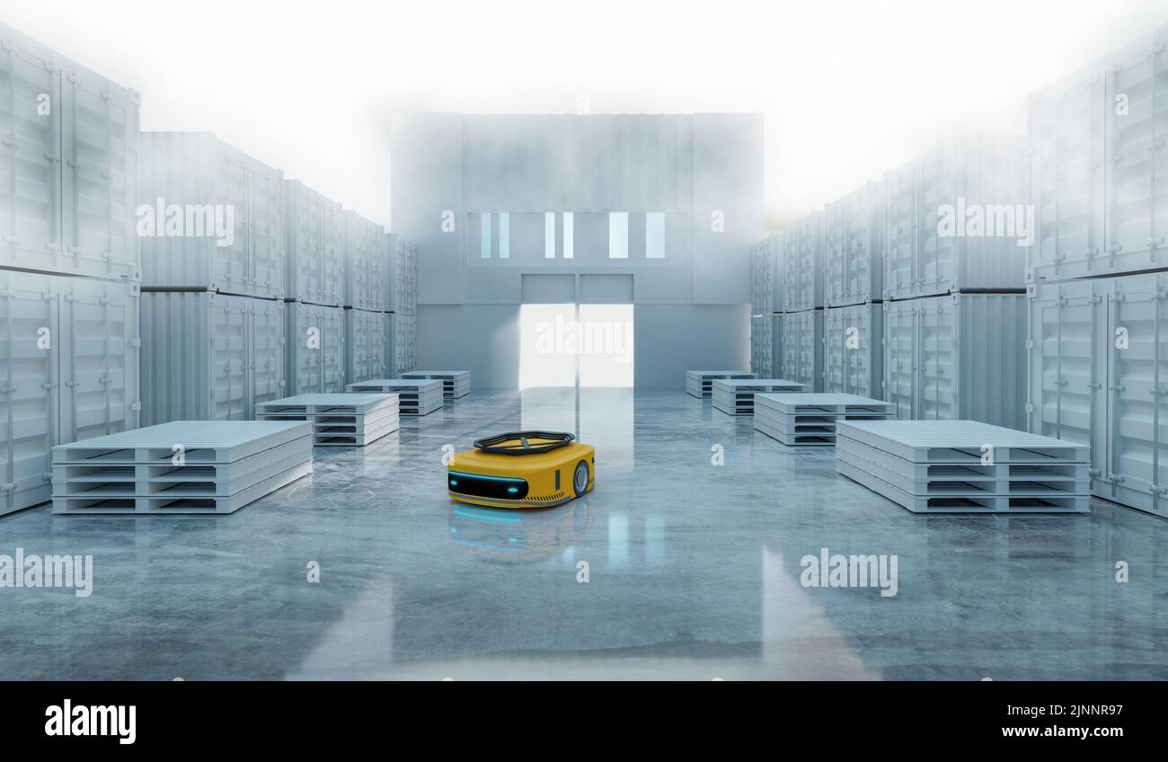 AGV machine in white warehouse, logistic and product stock warehouse ...