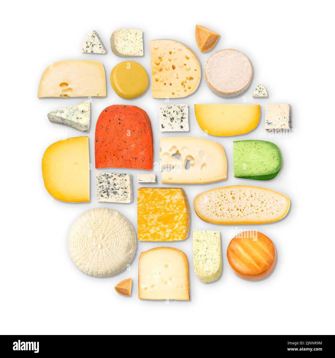 Various types of cheese on a white background View from above Stock ...