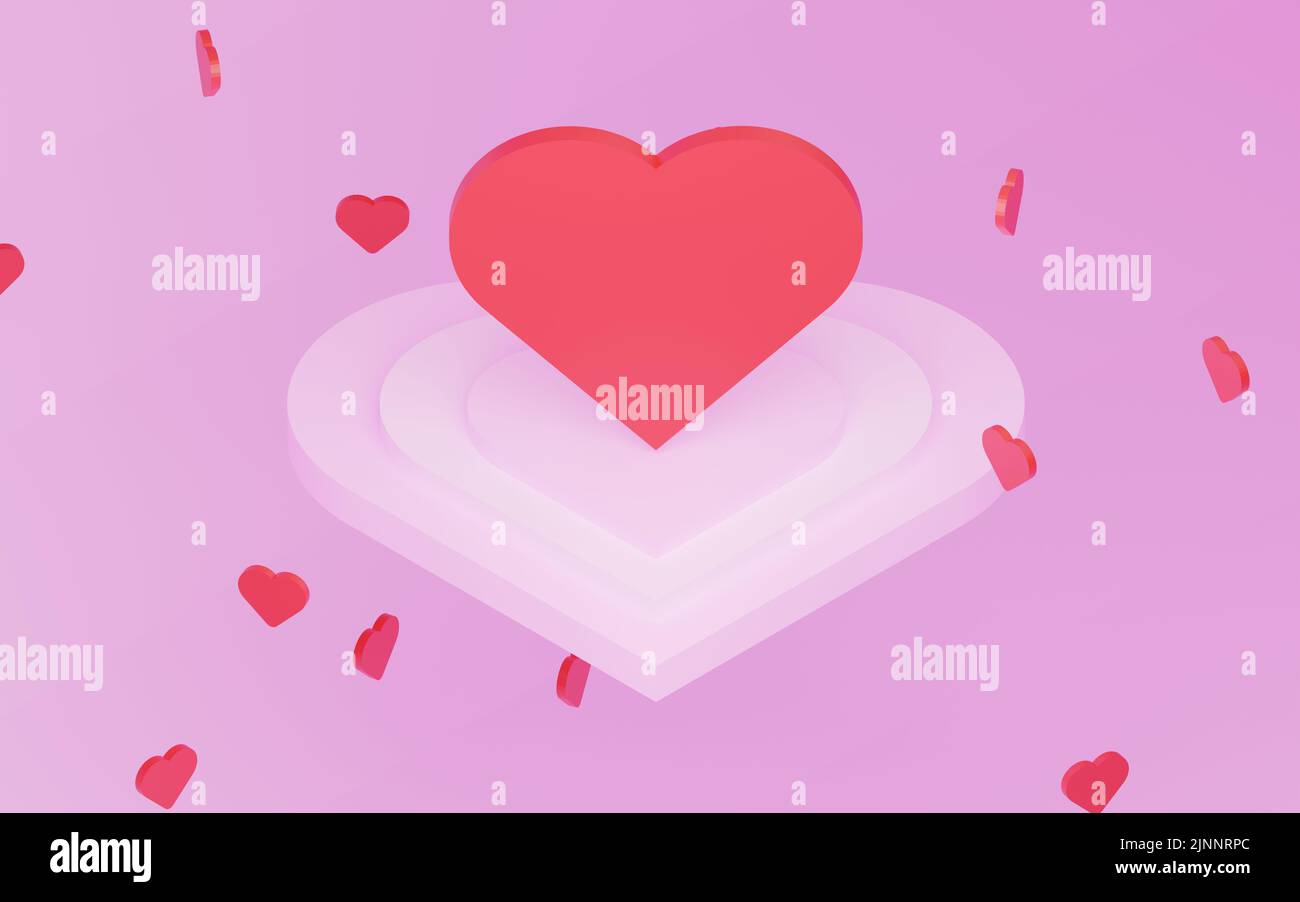 3DCG simple heart base with riding and dancing hearts, pink background ...