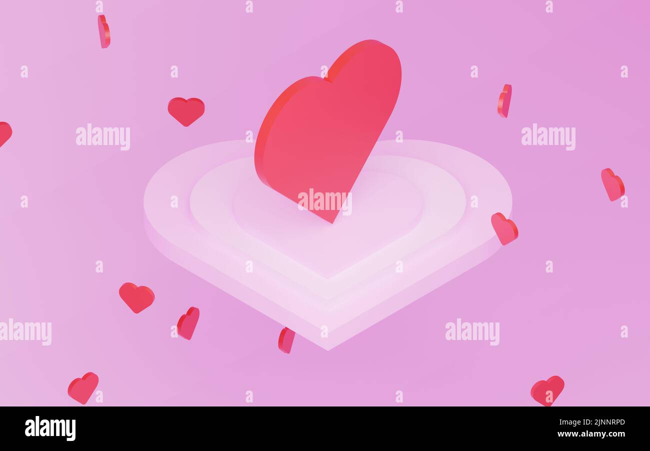 3DCG simple heart base with riding and dancing hearts, pink background ...