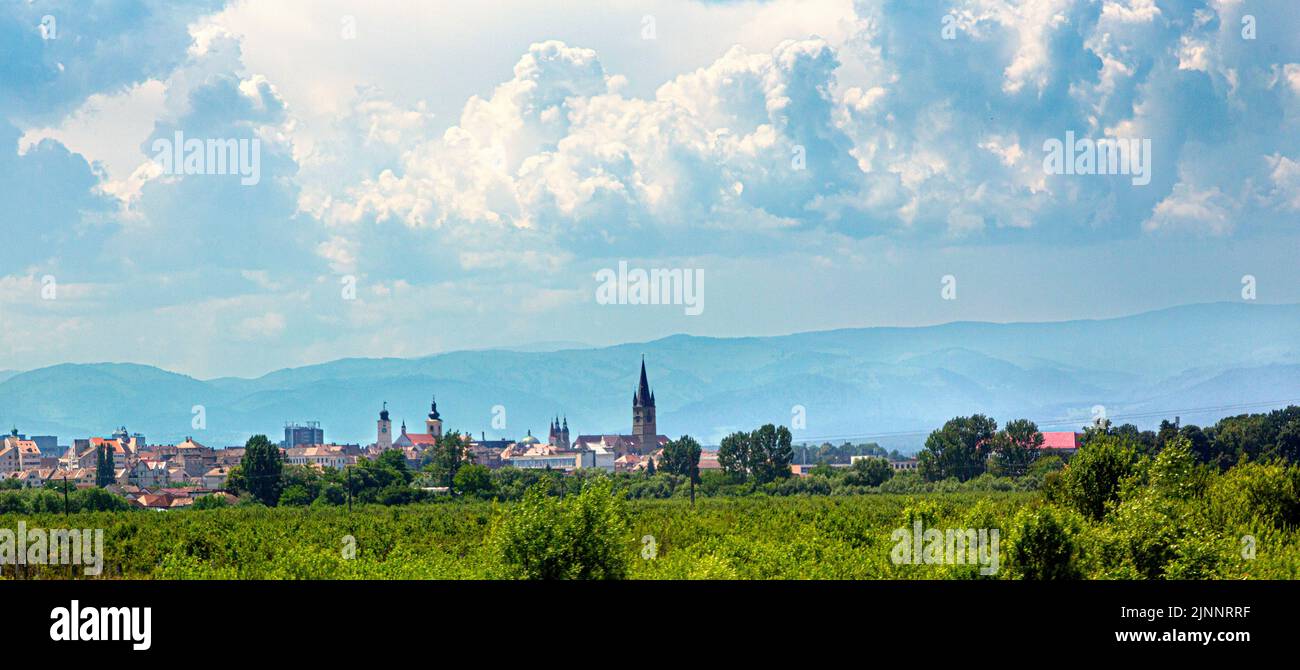 Panoramic view of the Sibiu city in summer with Fagaras mountains in ...