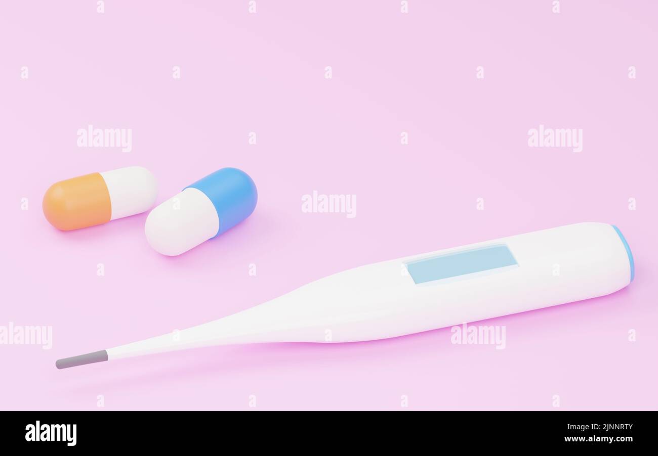 3DCG Thermometer and antipyretic, blue and orange capsules, isometric ...