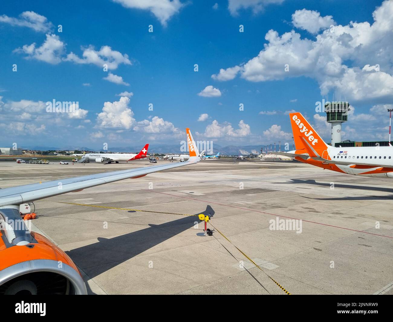 easyJet plane on runway ready to take off and go on holiday Stock Photo ...
