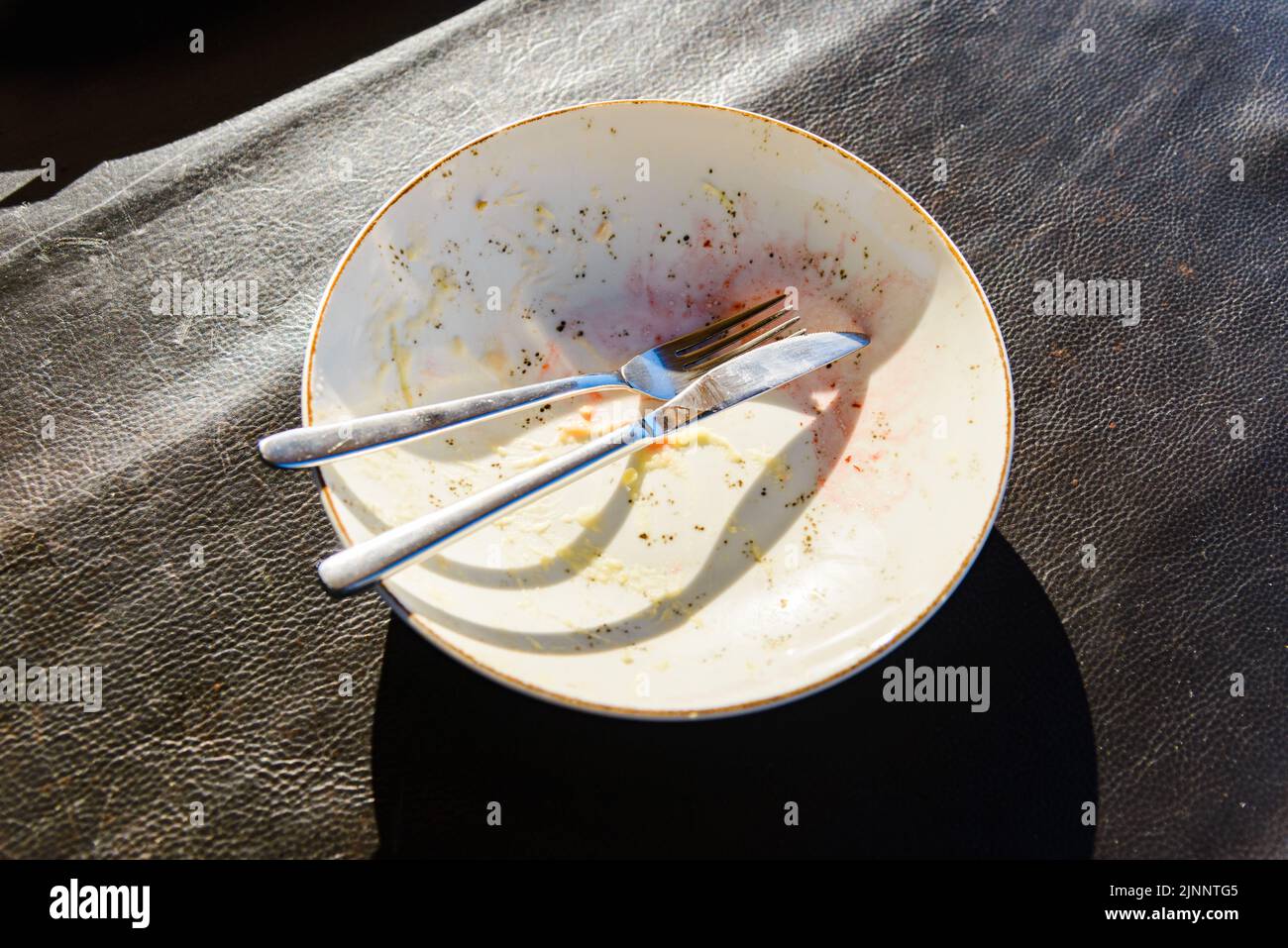 Leftover.Empty plate is dirty after the meal is finished.Top view Stock ...