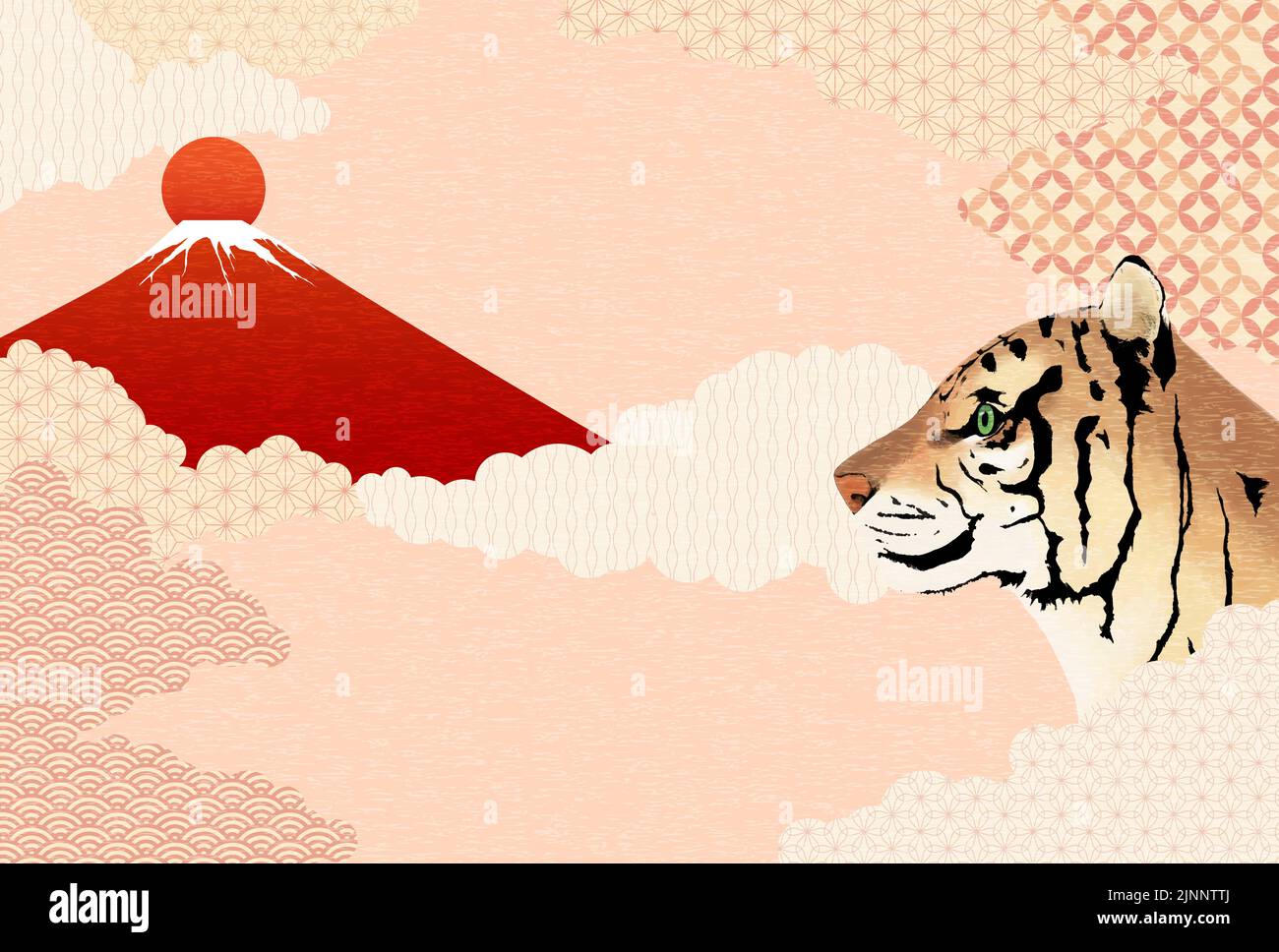 2022 Year of the Tiger New Year greeting card, red Fuji and tiger, Japanese patterned sea of ...