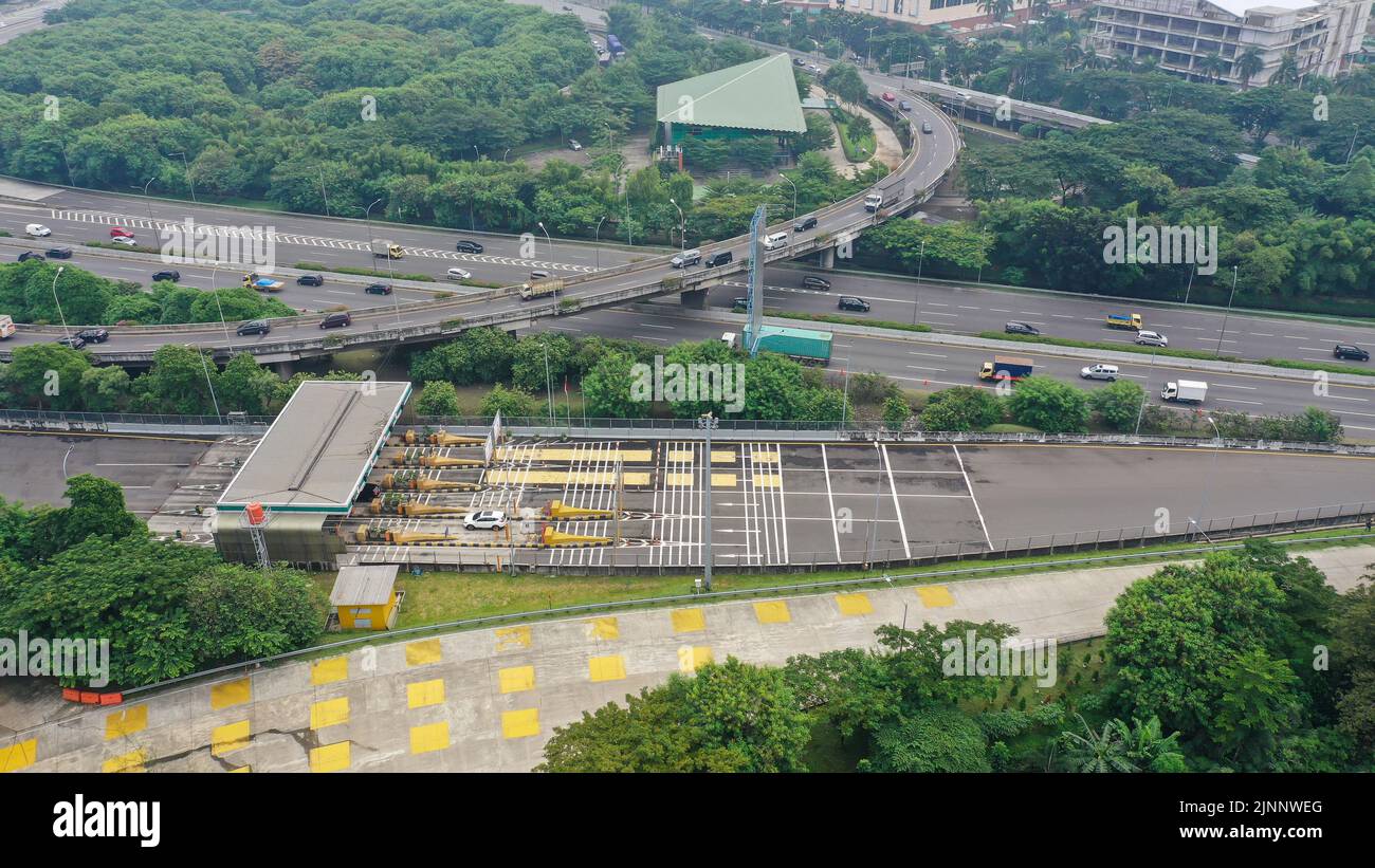 Aerial Gate at highway in Jakarta city. Toll road in Bandung, Indonesia ...