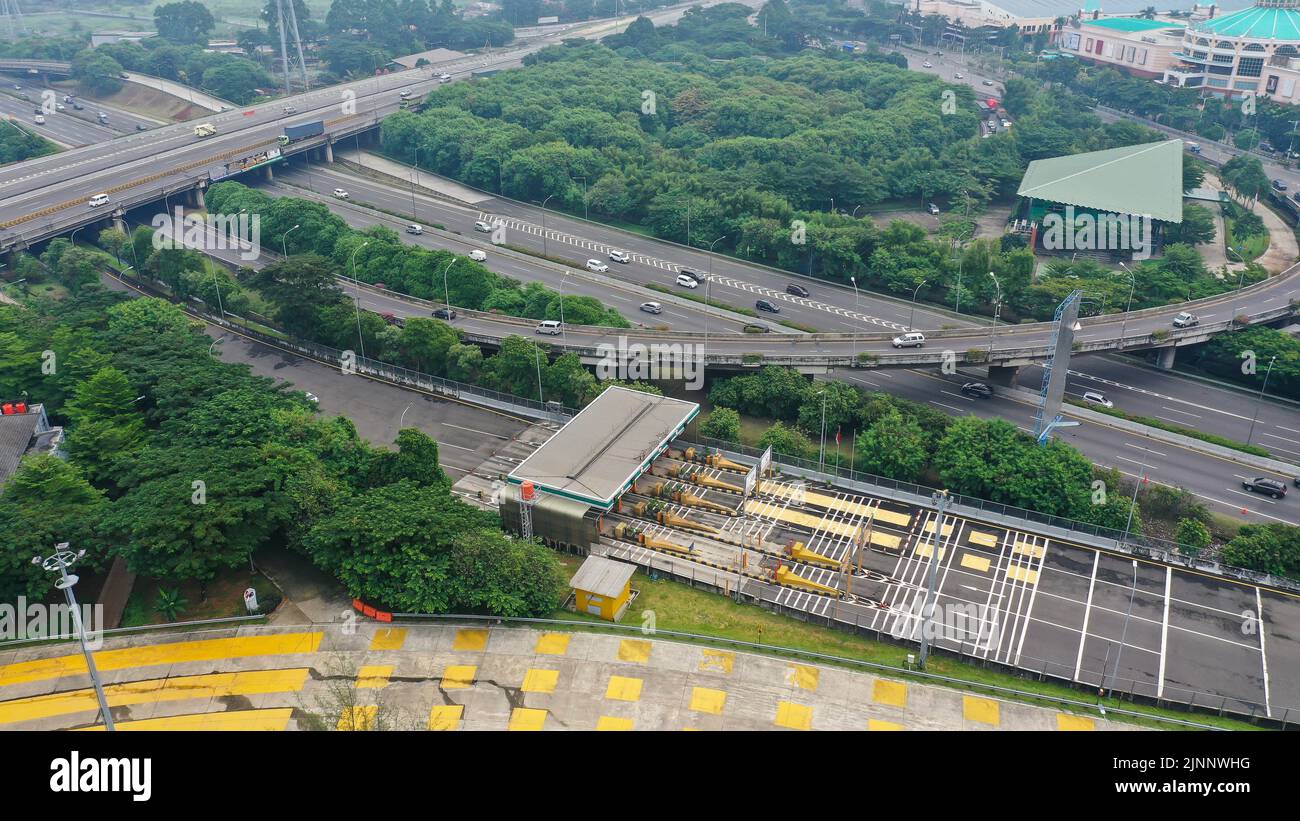 Aerial Gate at highway in Jakarta city. Toll road in Bandung, Indonesia ...