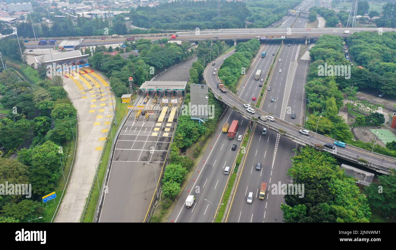 Aerial Gate at highway in Jakarta city. Toll road in Bandung, Indonesia ...