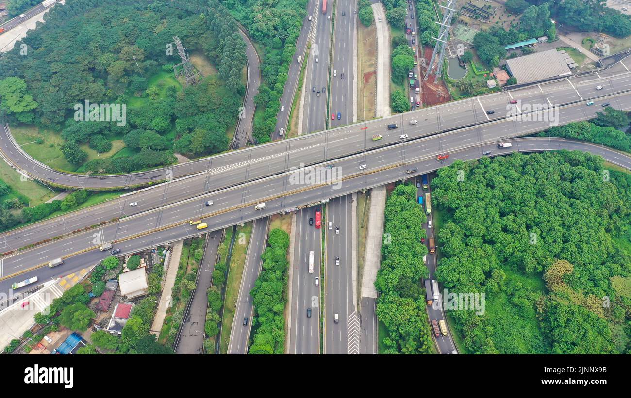 Aerial top down view on massive multi-level interchange on Jakarta city ...