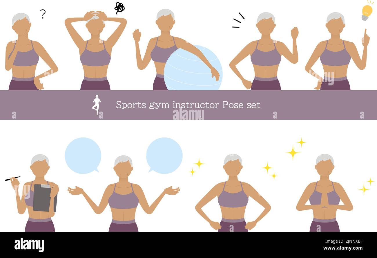 Gym instructor senior woman pose set, questioning, worrying, encouraging, pointing, etc Stock ...