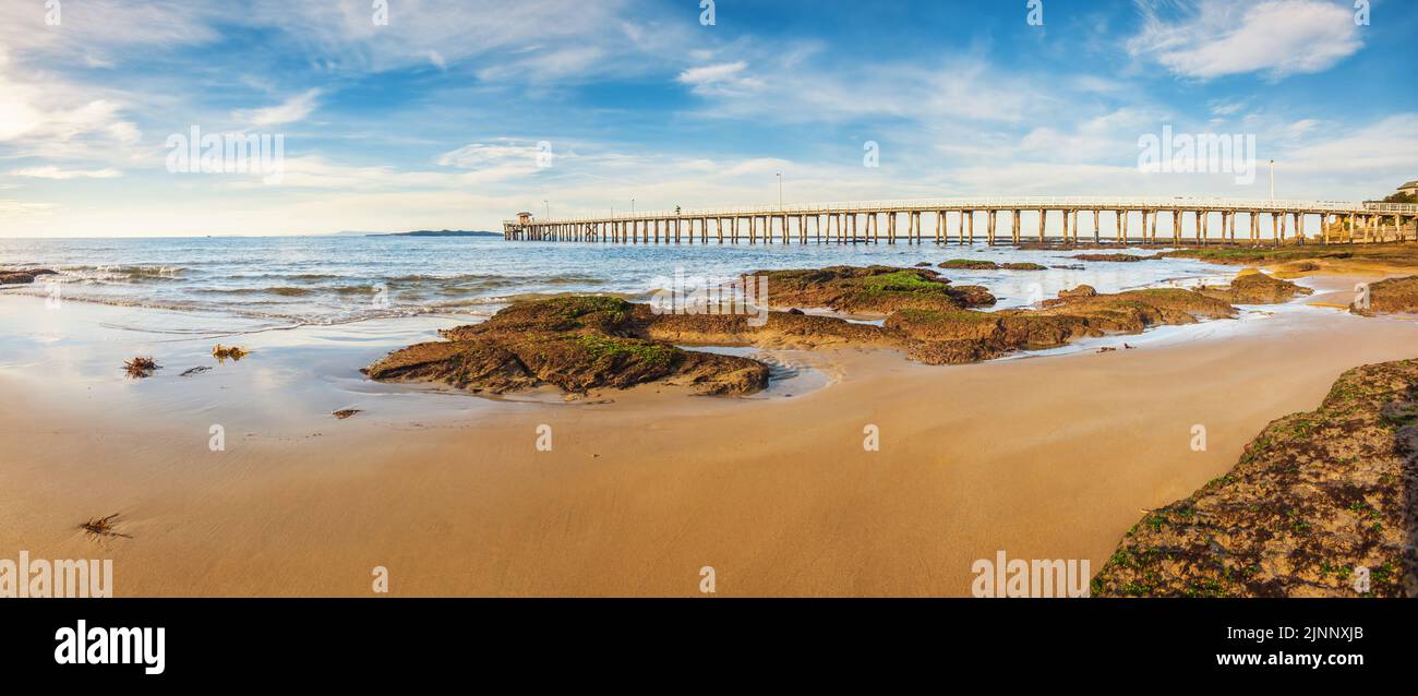 Panorama of Point Lonsdale Jetty and beach, at the entrance to Port ...