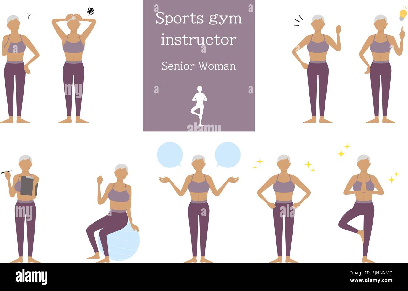 Gym instructor senia woman pose set, questioning, worrying, encouraging, pointing, etc Stock ...