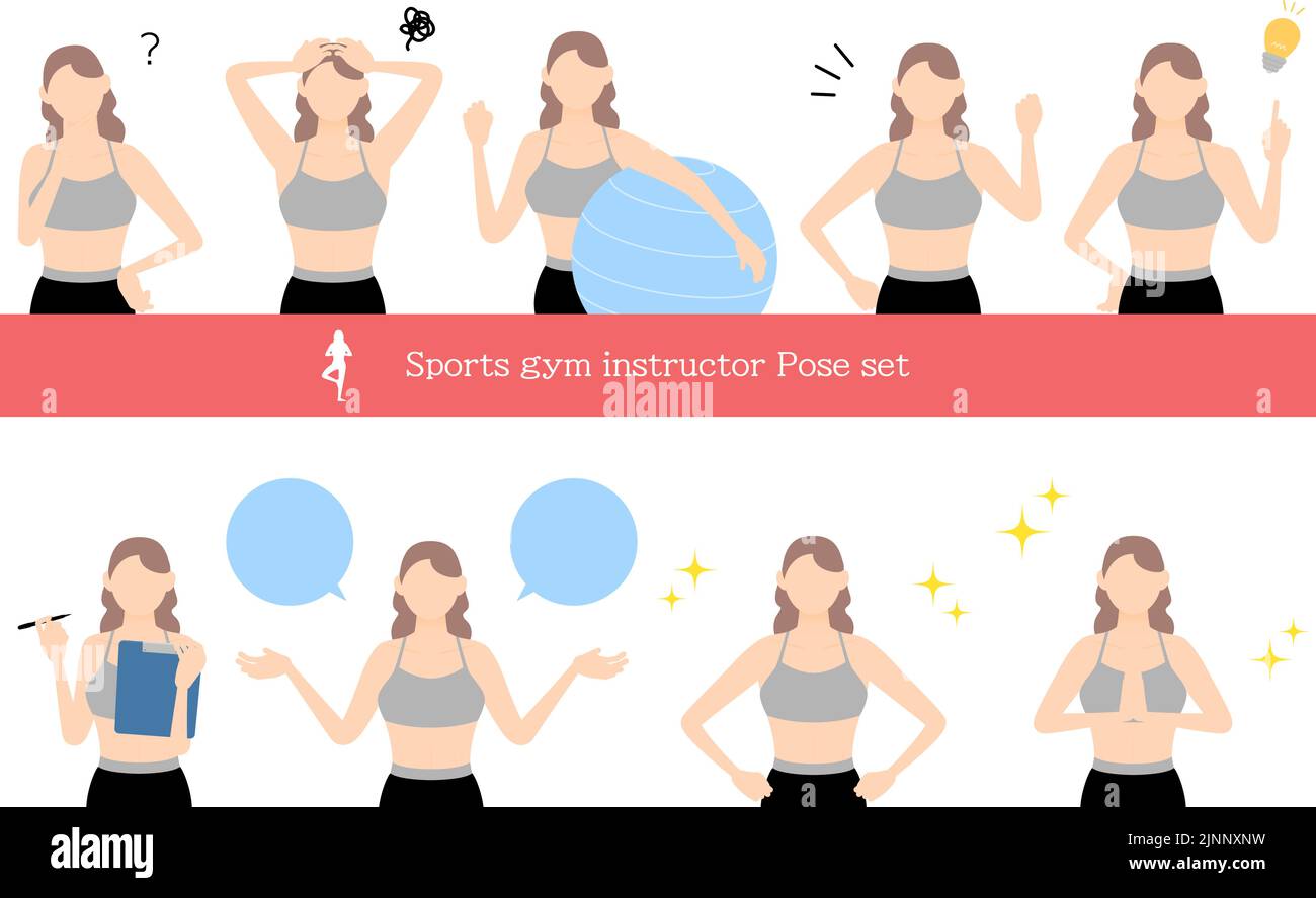 Gym instructor woman pose set, questioning, worrying, encouraging ...