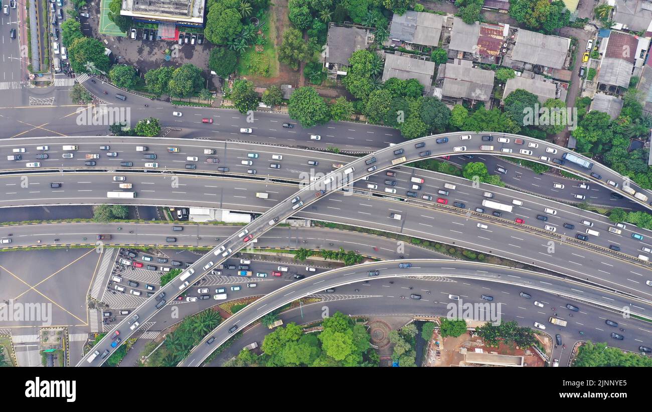Aerial top down view on massive multi-level interchange on Jakarta city ...