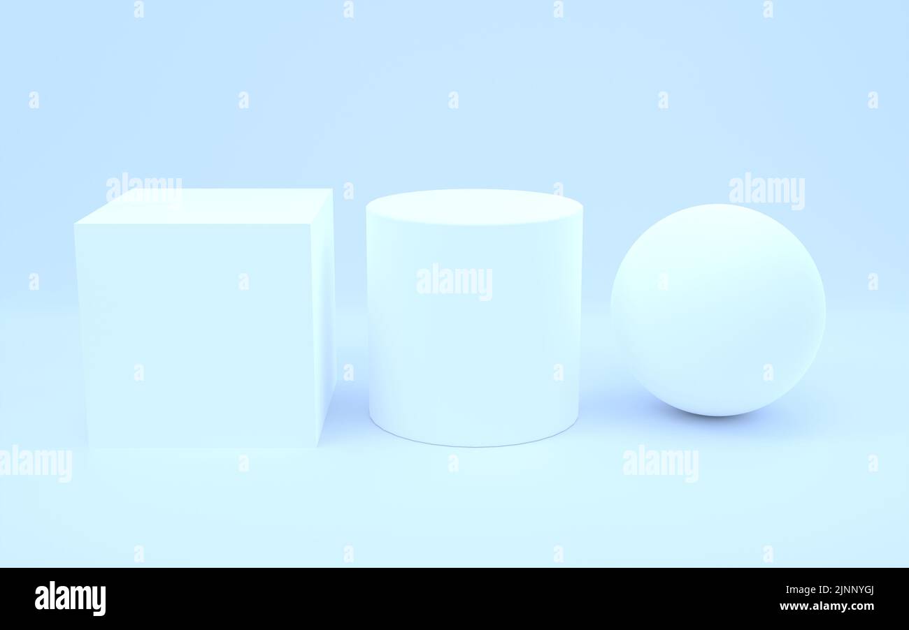 3DCG geometric shapes, pale plaster cubes and cylinders and spheres ...