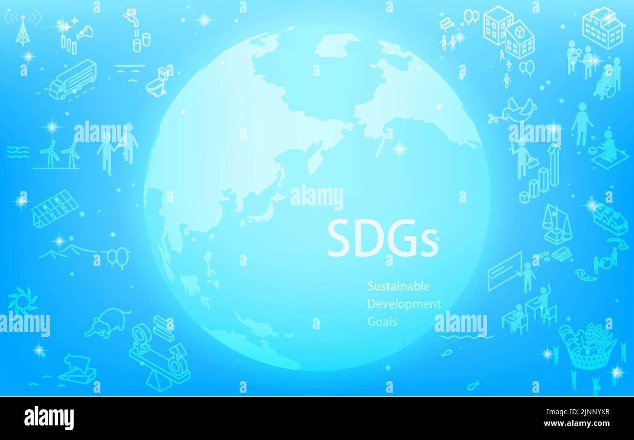 SDGs, glowing earth and SDGs text and goal icons, blue background with ...