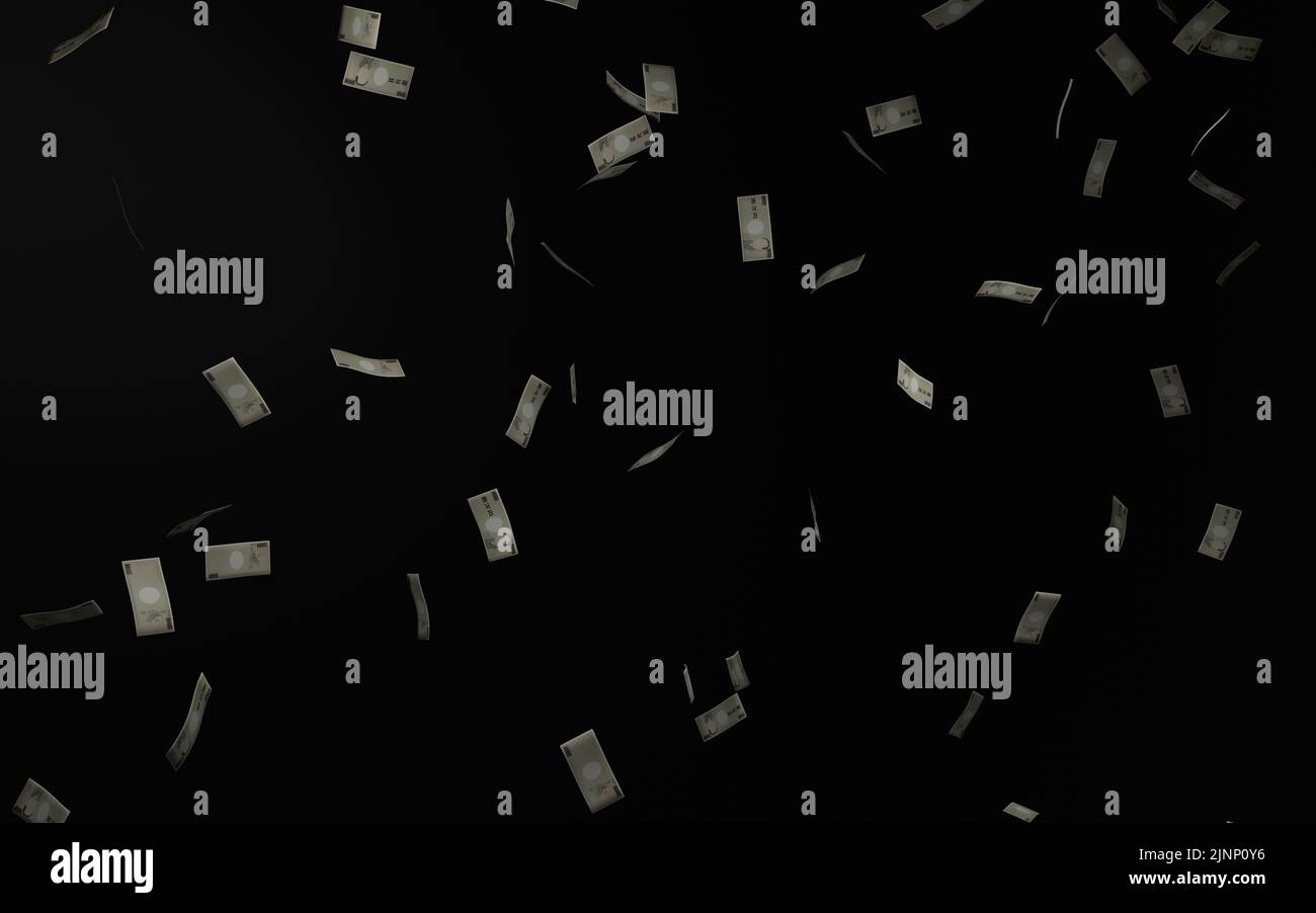 3DCG of 10,000 yen bill and money dancing (black background Stock Photo ...