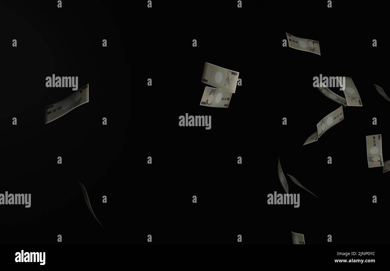3DCG of 10,000 yen bill and money dancing (black background Stock Photo ...