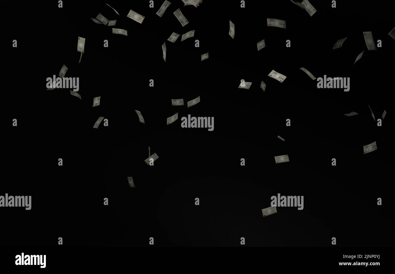 3DCG of 10,000 yen bill and money dancing (black background Stock Photo ...