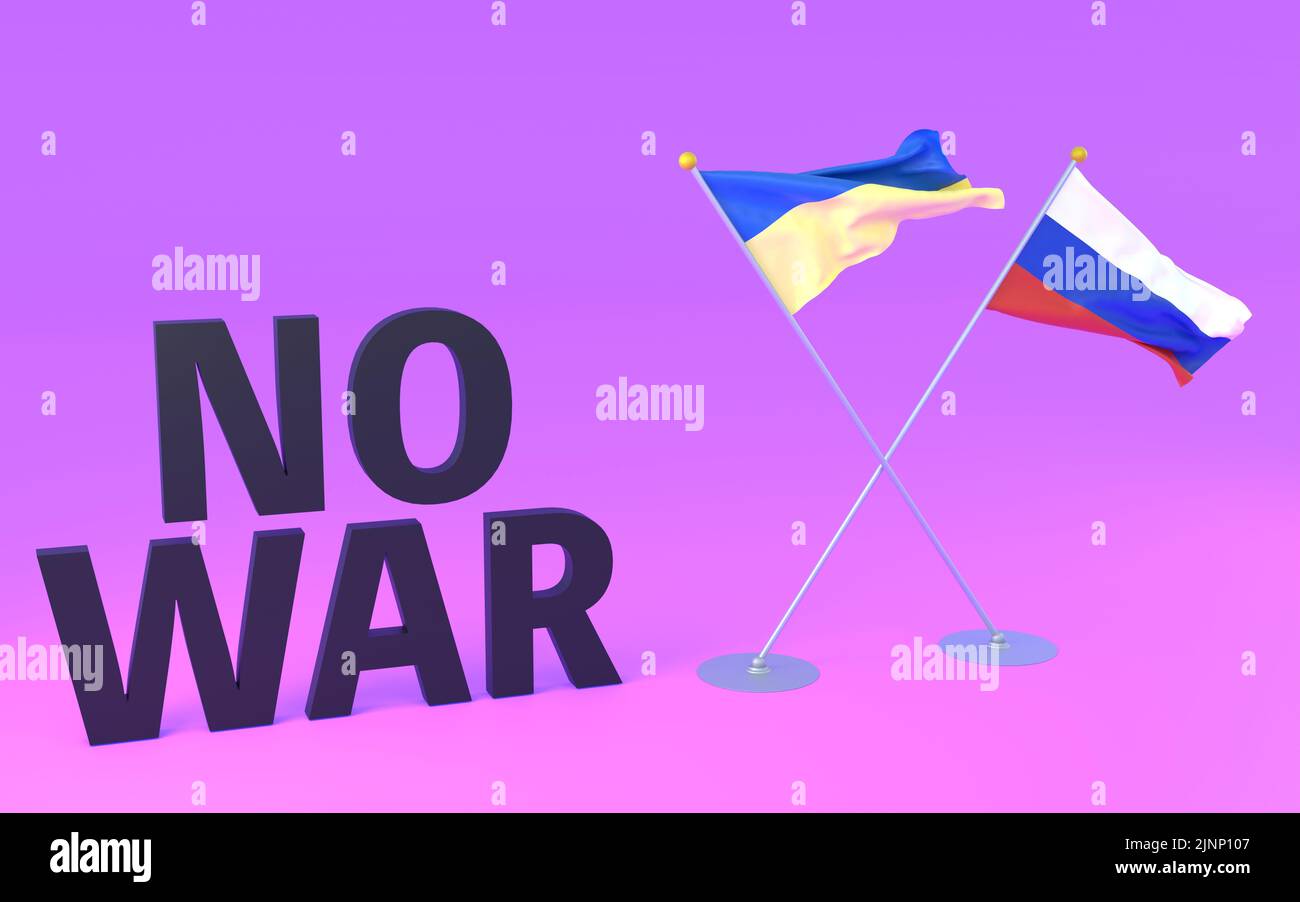 Russian and Ukrainian flags intersecting with the words "No War", 3DCG ...