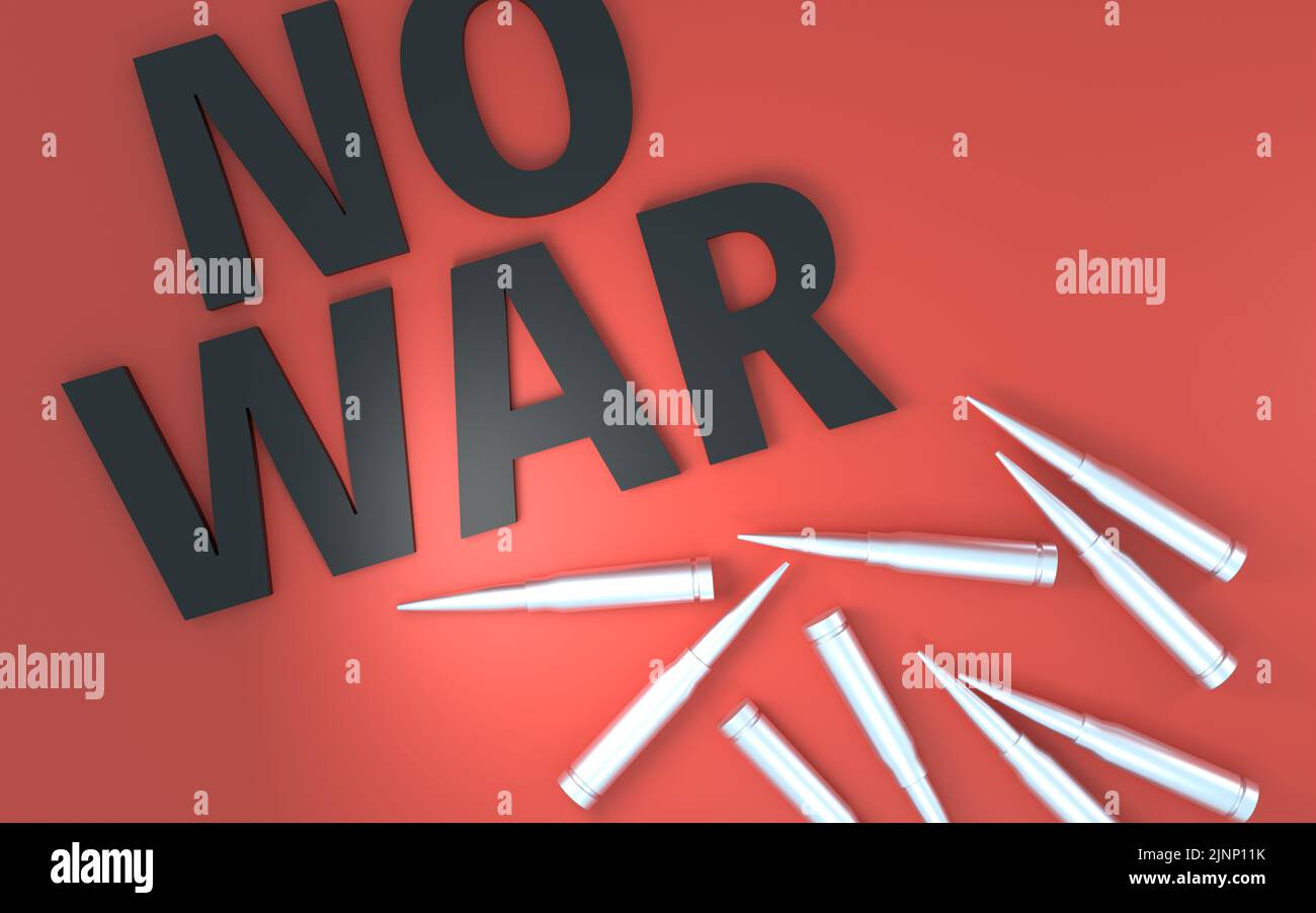 Anti-war, "No War" 3D letters and bullets, true overhead view, 3DCG ...