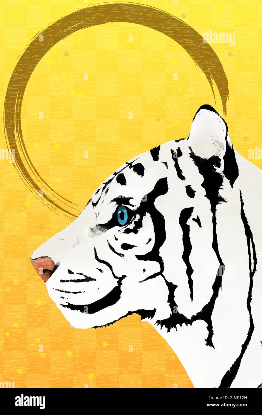 2022 Year of the Tiger New Year greeting card, white tiger profile and gold leaf background ...