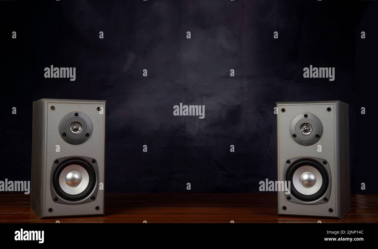 Two audio speakers with smoky background music related banner Stock ...