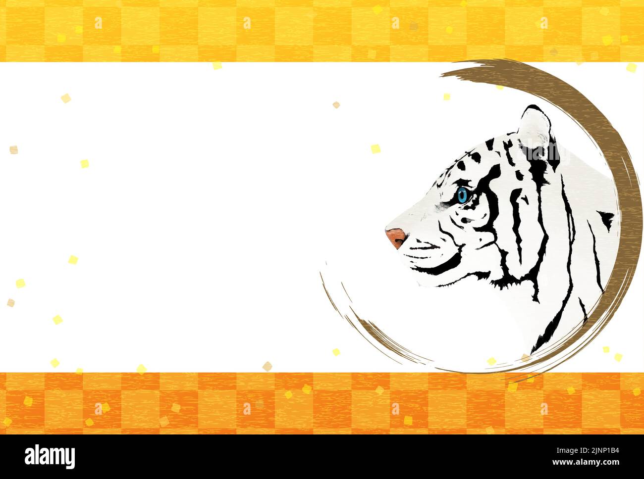 2022 Year of the Tiger New Year greeting card, white tiger profile with brush and gold leaf ...