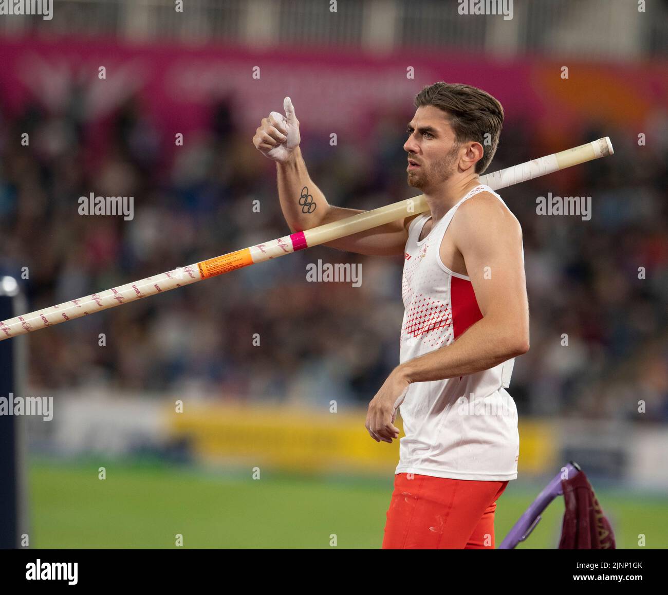 Harry Coppell of England competing in the men’s pole vault final at the ...