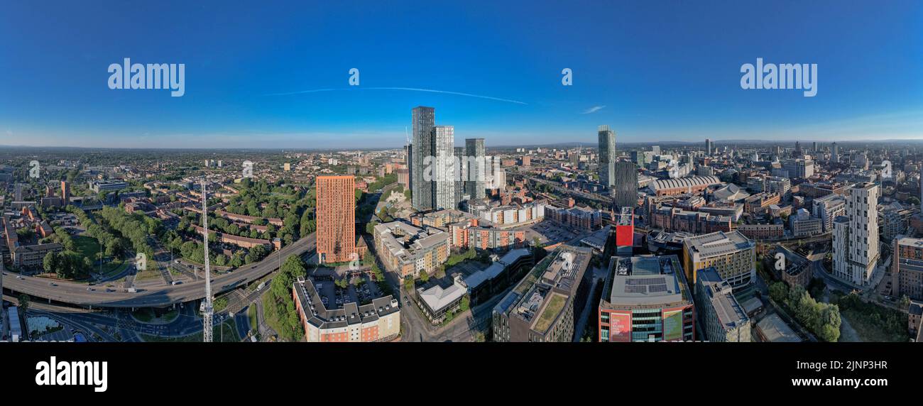 Panoramic Manchester City Centre Drone Aerial View Above Building Work ...