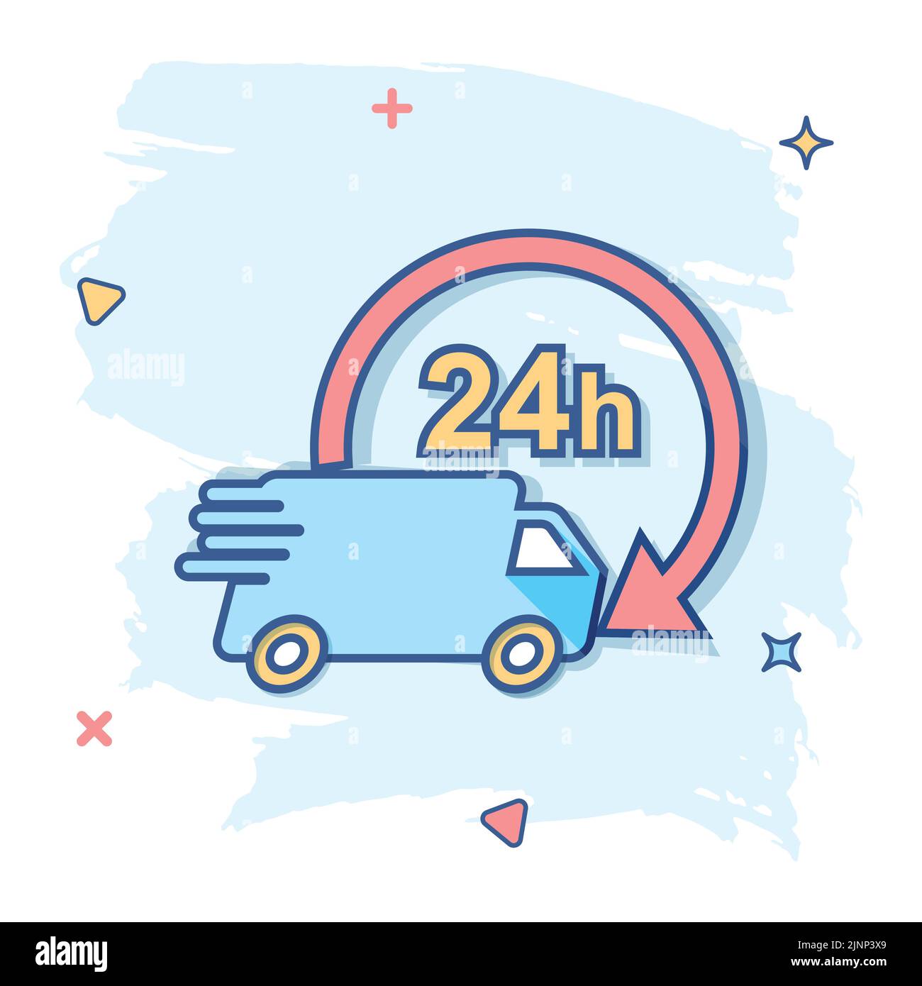 Vector cartoon delivery truck 24h icon in comic style. 24 hours fast ...