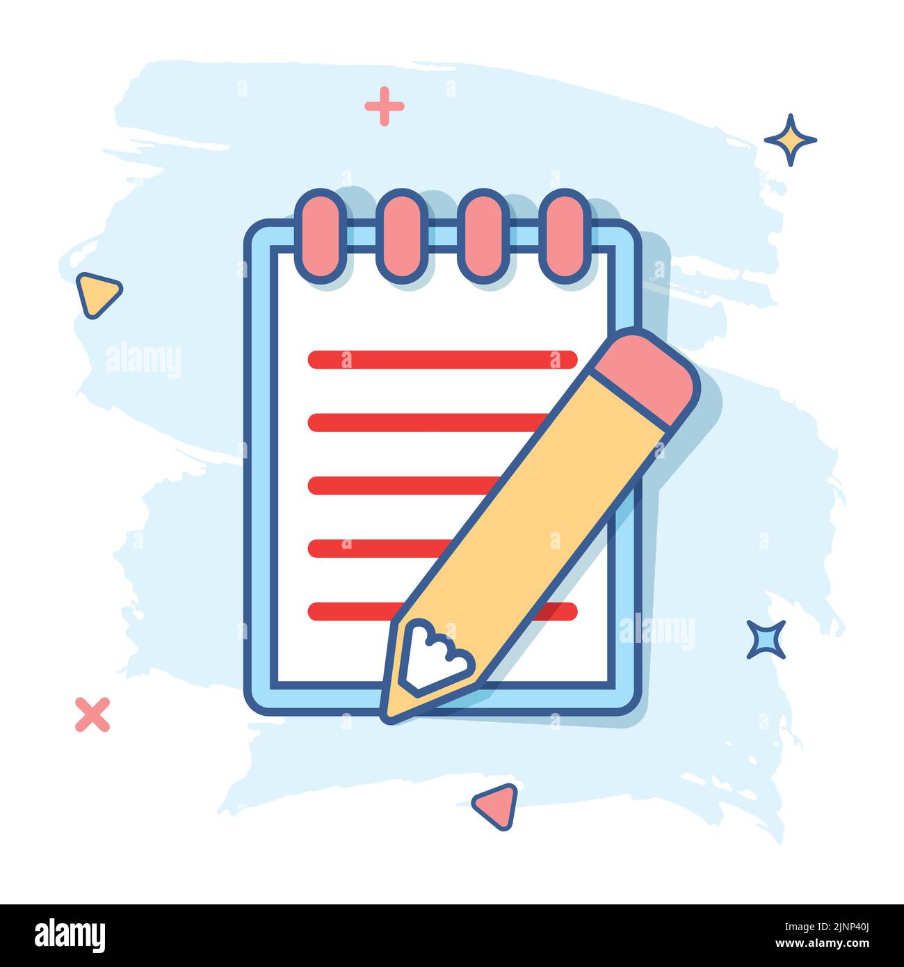 Vector cartoon document with pencil icon in comic style. Note with pen ...