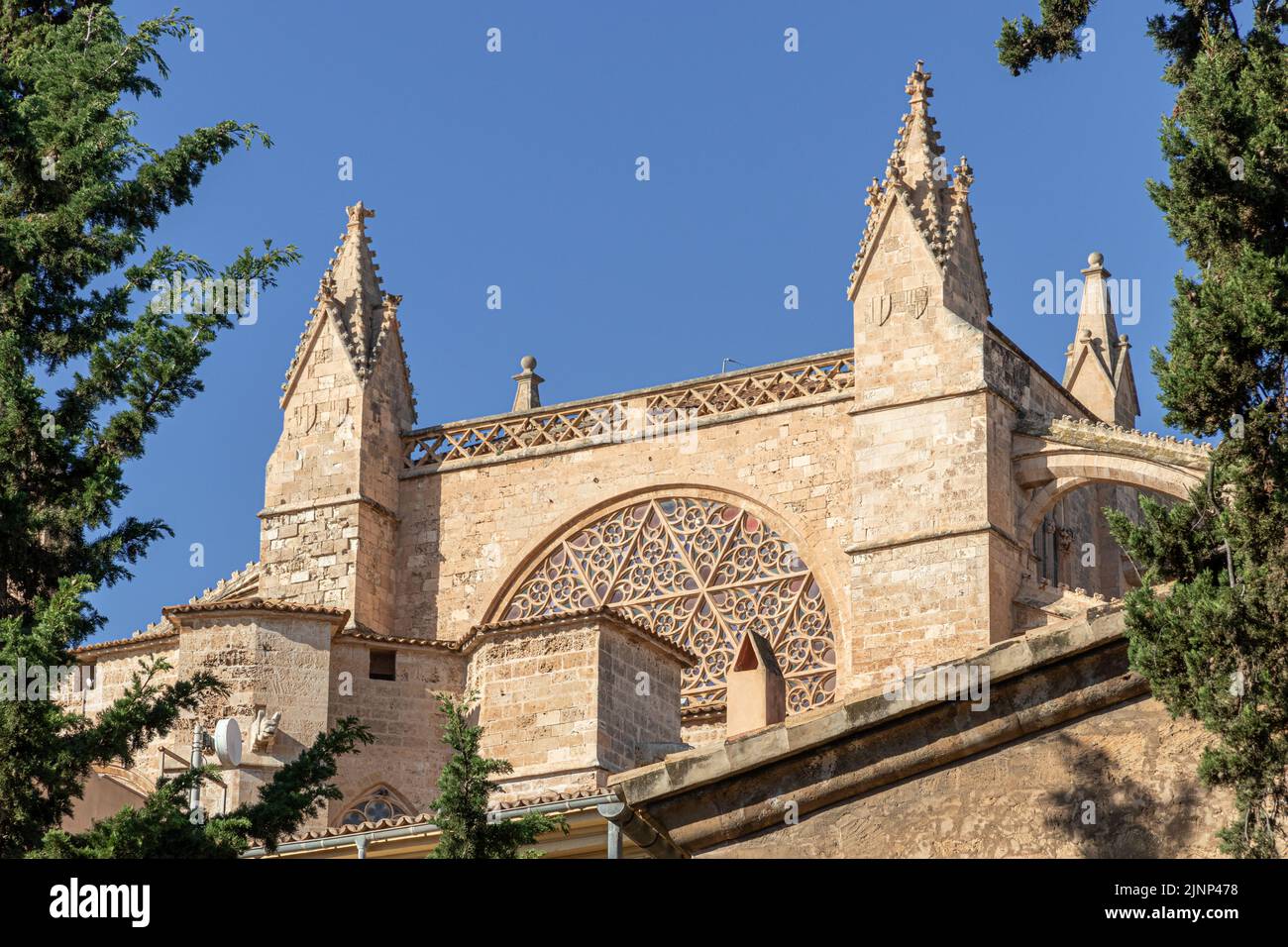 Palma de Mallorca, Spain. Facade and rose window called Ojo del Gotico ...