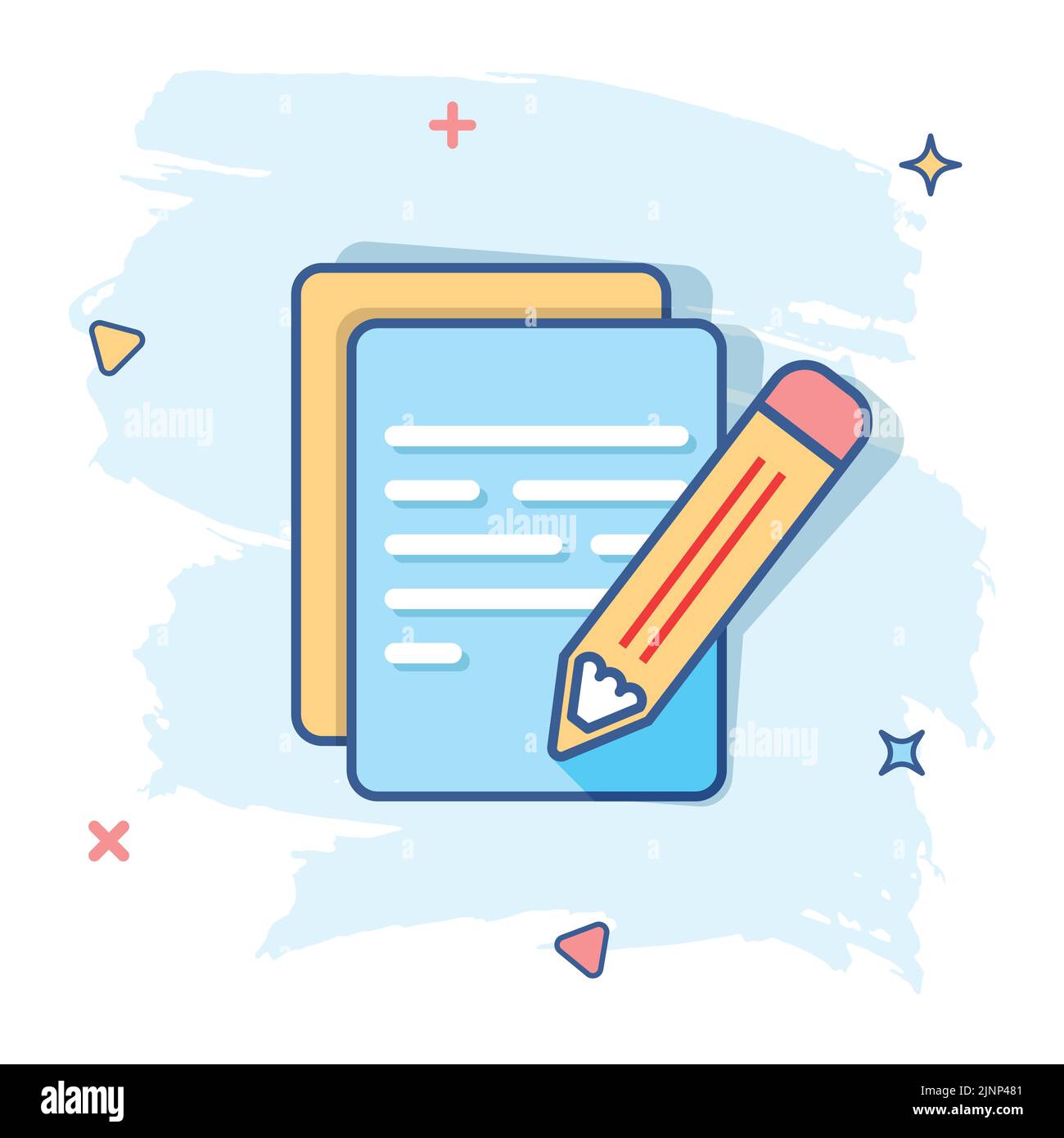 Vector cartoon document with pencil icon in comic style. Note with pen ...