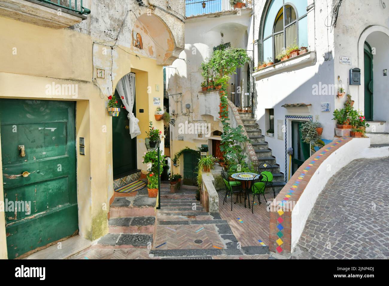 An alley in Albori, a village in the mountains of the Amalfi coast in ...