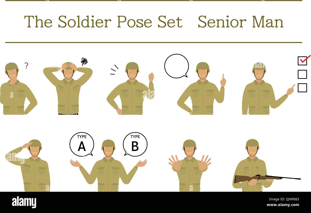 Senior Male Soldier Pose Set, questioning, worrying, encouraging ...