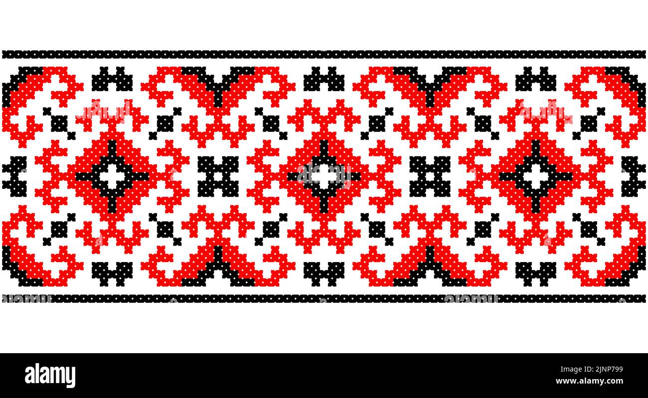 Seamless traditional Slavic ornament embroidered cross-stitch.Red black ...