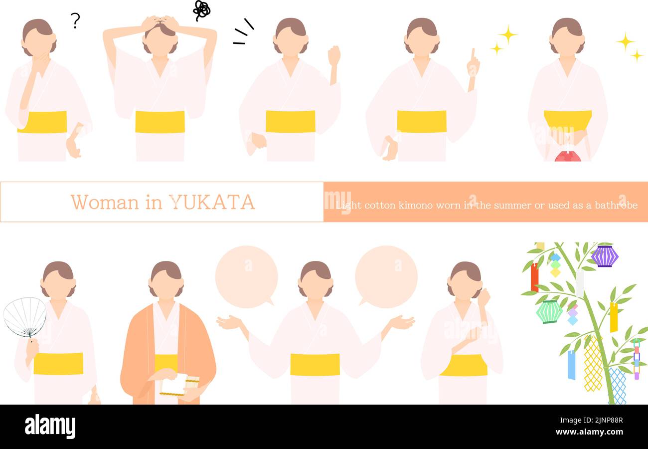 Pose set of woman in yukata, questioning, worrying, encouraging ...