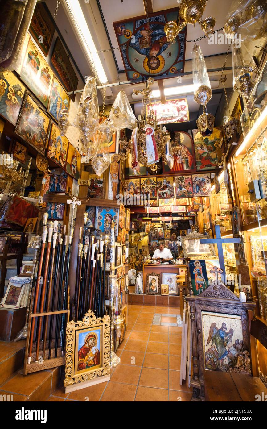 Interior view of a colorful religious shop in Athens Stock Photo - Alamy